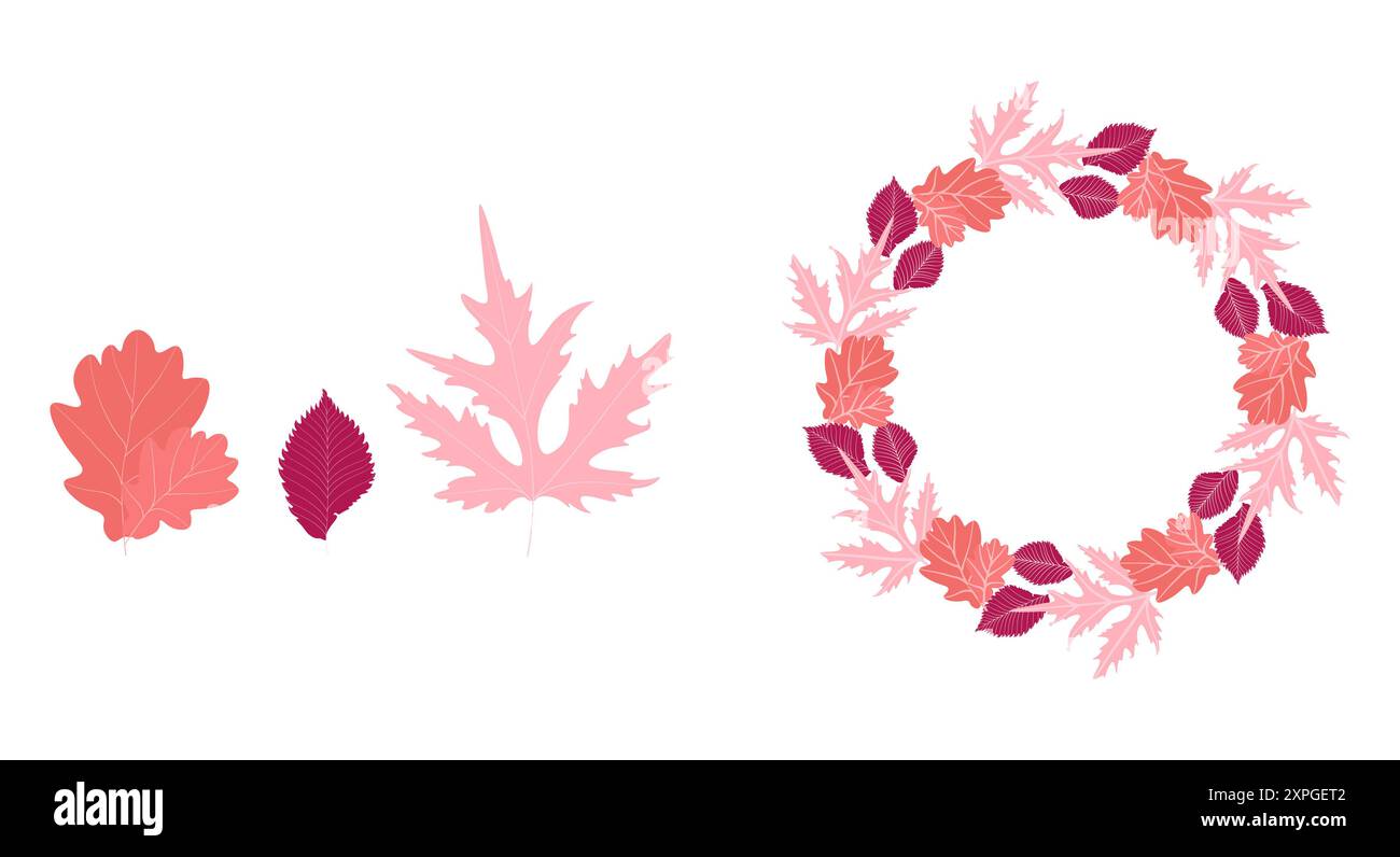 Vintage leaf wreath. Set of oak, birch and maple leaves. Set of simple ...