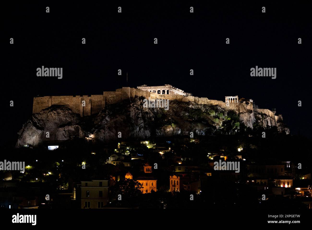 The Parthenon and Acropole hill or rock, with a new lighting system, as ...