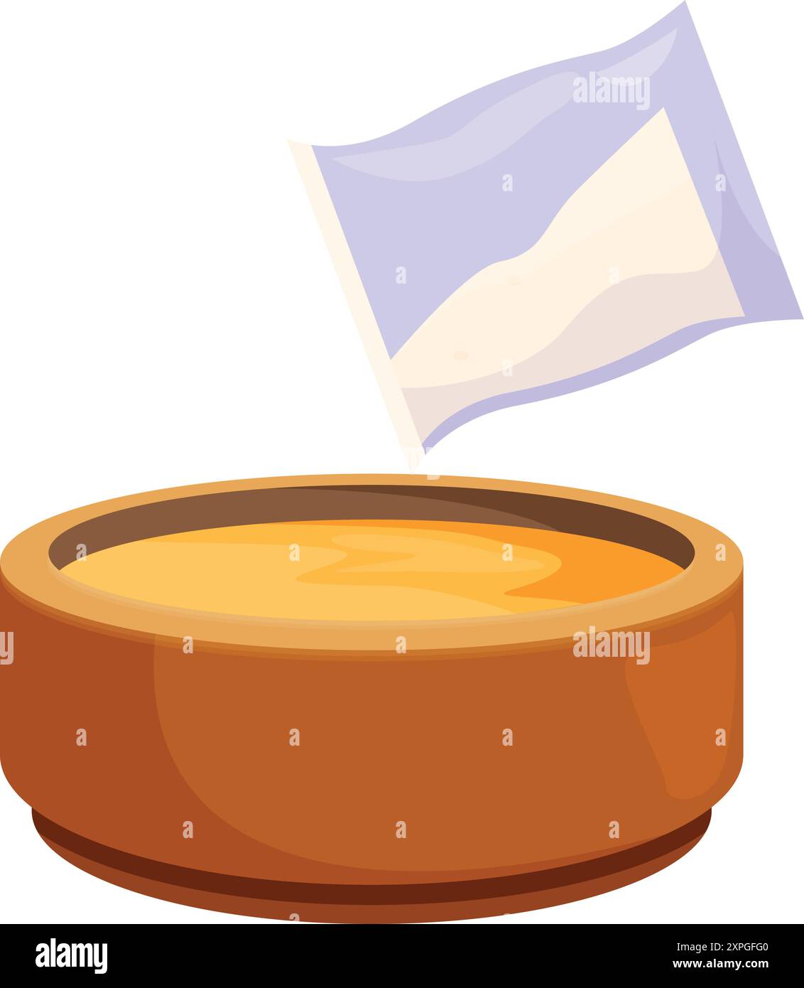 Bag of powder is being poured into a bowl filled with a yellow liquid ...