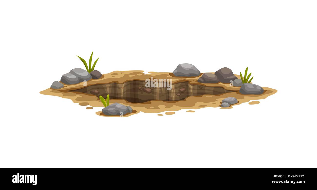 Ground hole, deep dirty pit and burrow in earth, cartoon vector ...