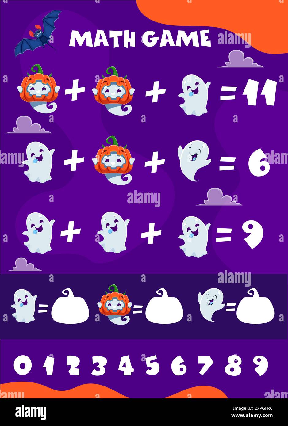 Math game worksheet. Cute Halloween kawaii ghosts characters and ...