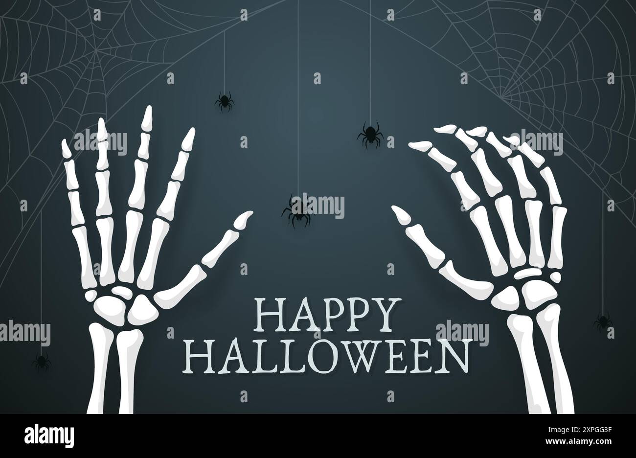 Halloween skeleton hands with spiders and cobweb vector banner of ...