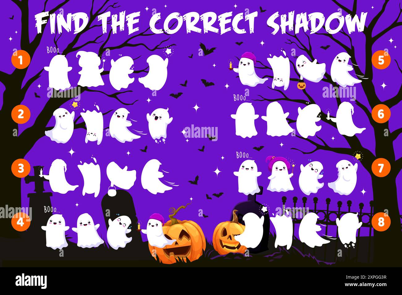 Find the correct shadow of kawaii ghost characters, Halloween game ...