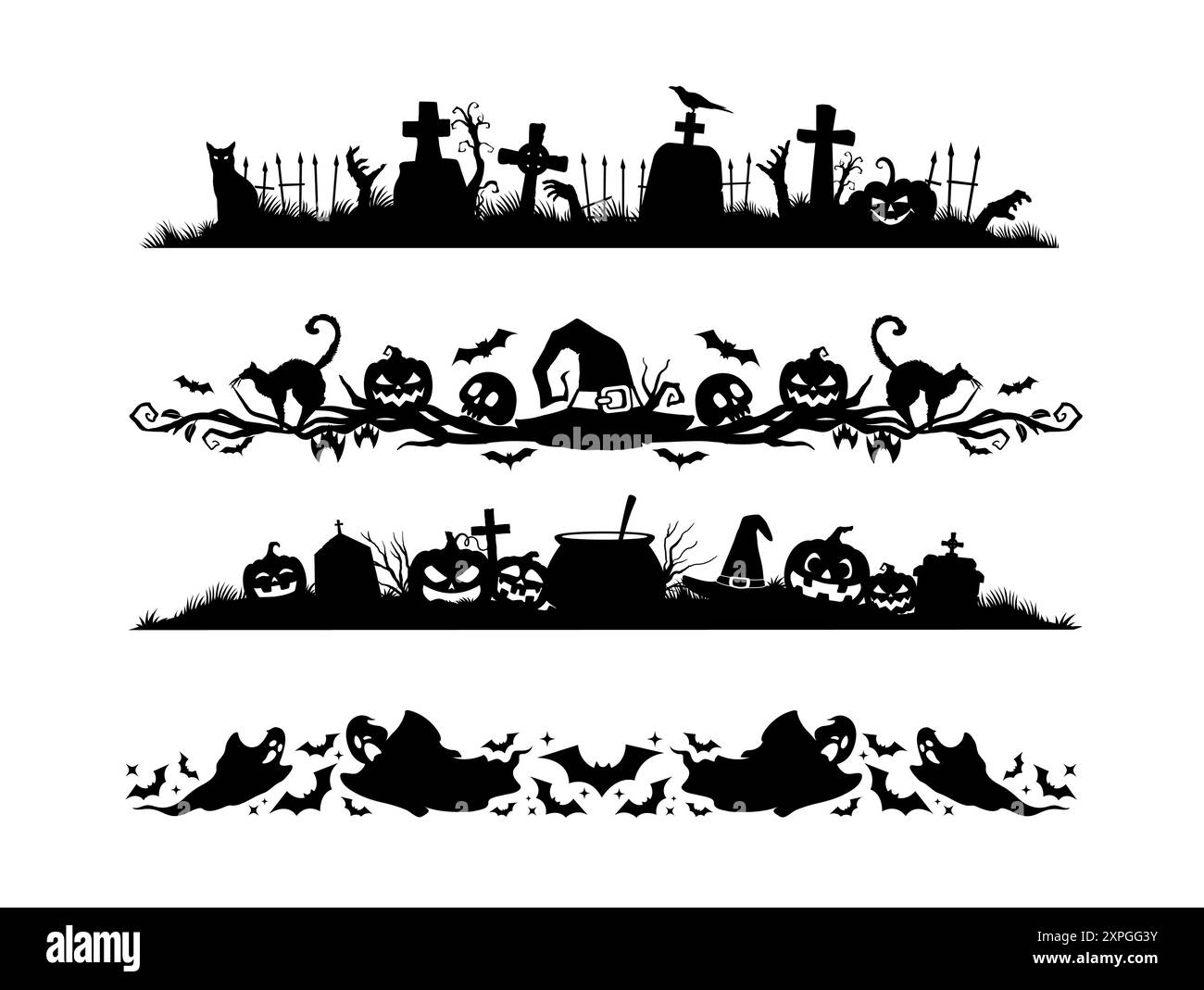 Halloween frame border and divider with cemetery silhouette. Vector ...