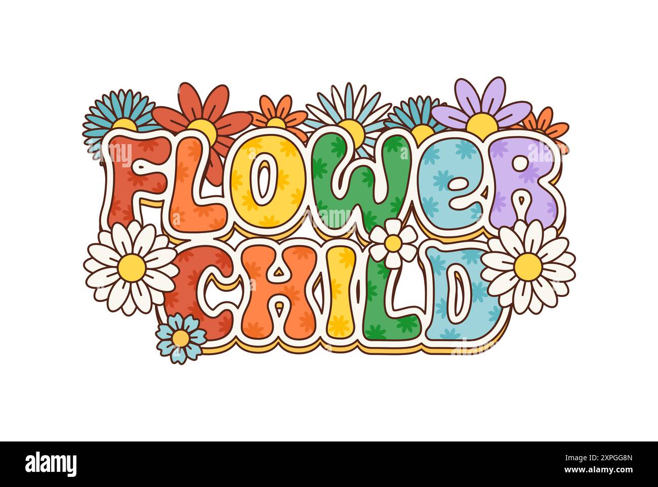 Cartoon retro groovy flower child quote, hippie style typography ...