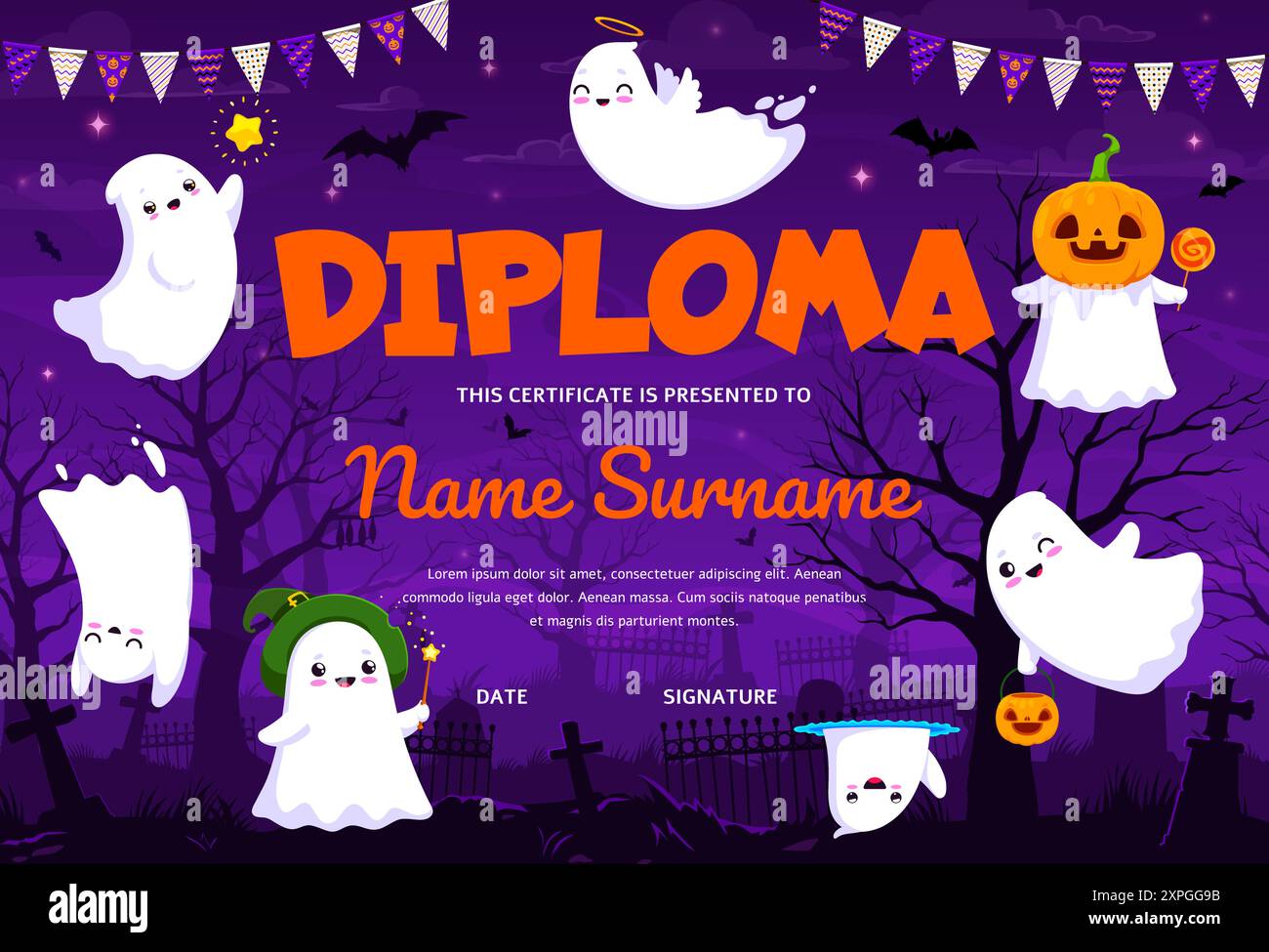 Halloween kids diploma with cute kawaii ghost characters on cemetery ...