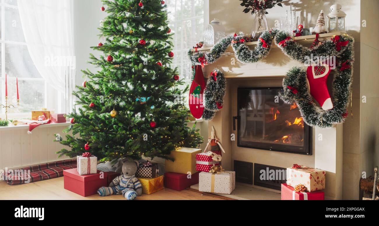 Peaceful Snowy Christmas Morning: Empty Shot of Decorated Corner in ...