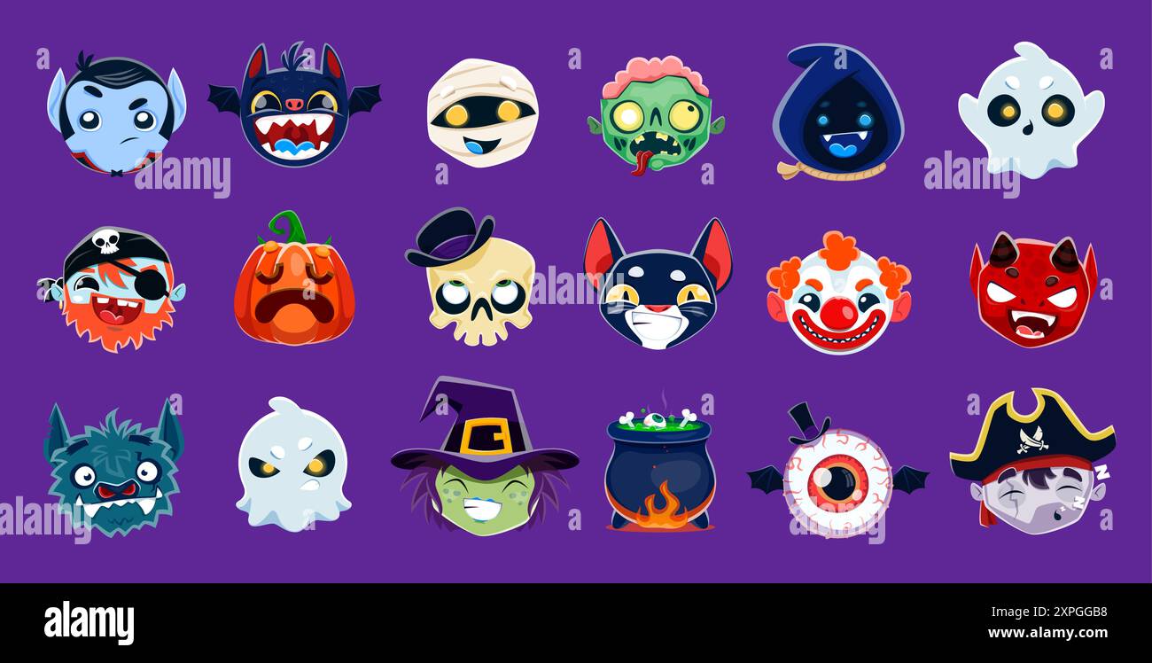 Cartoon Halloween emoji set characters, horror holiday monsters and ...