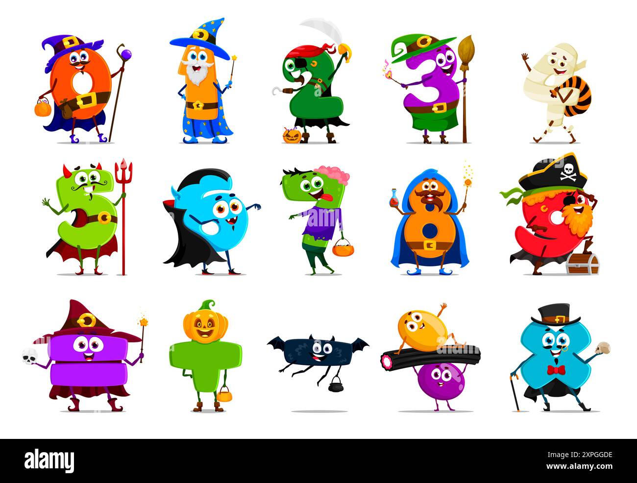 Cartoon Halloween numbers and digits characters in holiday costumes ...