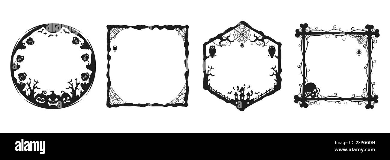 Halloween holiday black frames with pumpkins, boo ghosts, bats and ...