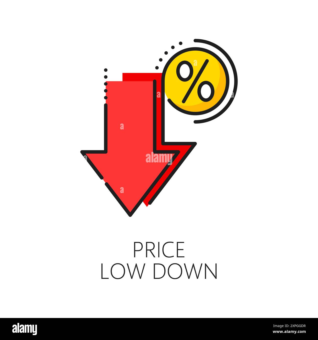 Color low percent line icon with vector down arrow and percentage symbol. Interest rate decrease ...