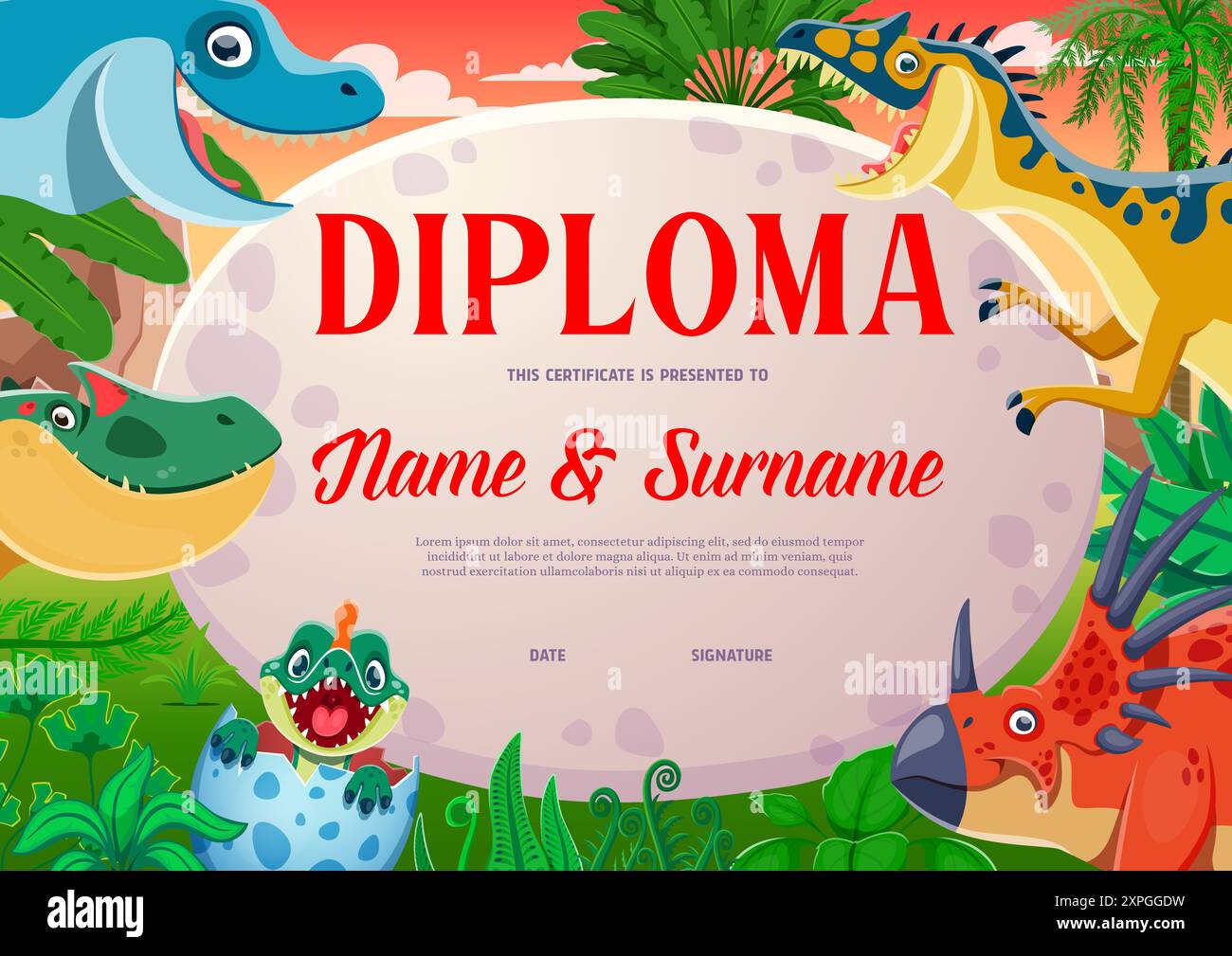Kids diploma, cartoon dinosaurs with dino egg and kid. School or ...