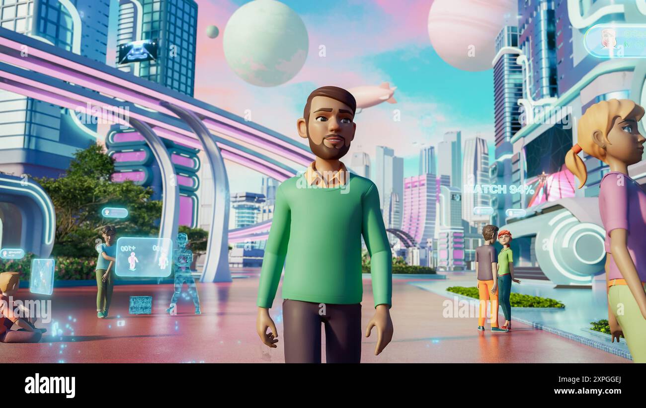 Digital Metaverse Avatar Of Young Indian Man Walking Through Immersive 3D World. Internet ...