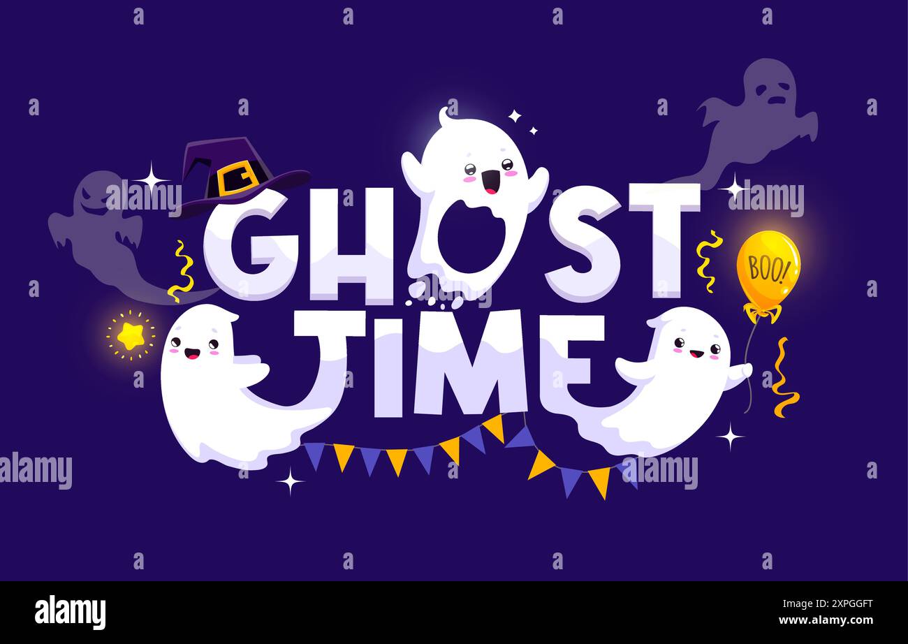 Halloween ghost time banner with holiday cute kawaii ghost characters ...