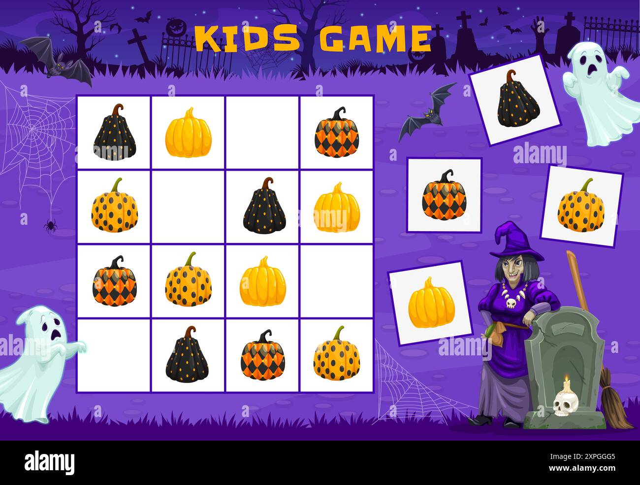 Halloween quiz sudoku kids game with holiday characters and patterned ...
