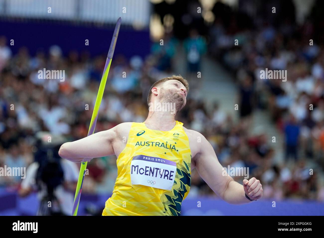Cameron McEntyre, of Australia, competes during the men's javelin throw ...