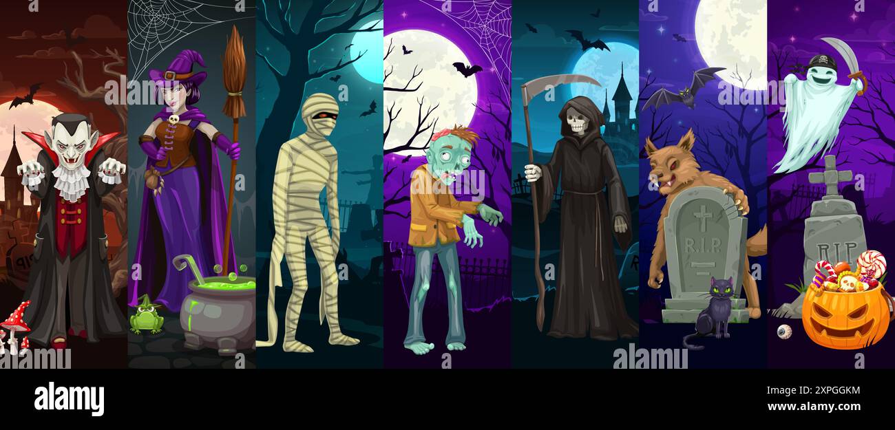 Cartoon Halloween scary danger characters. Vector collage with spooky ...