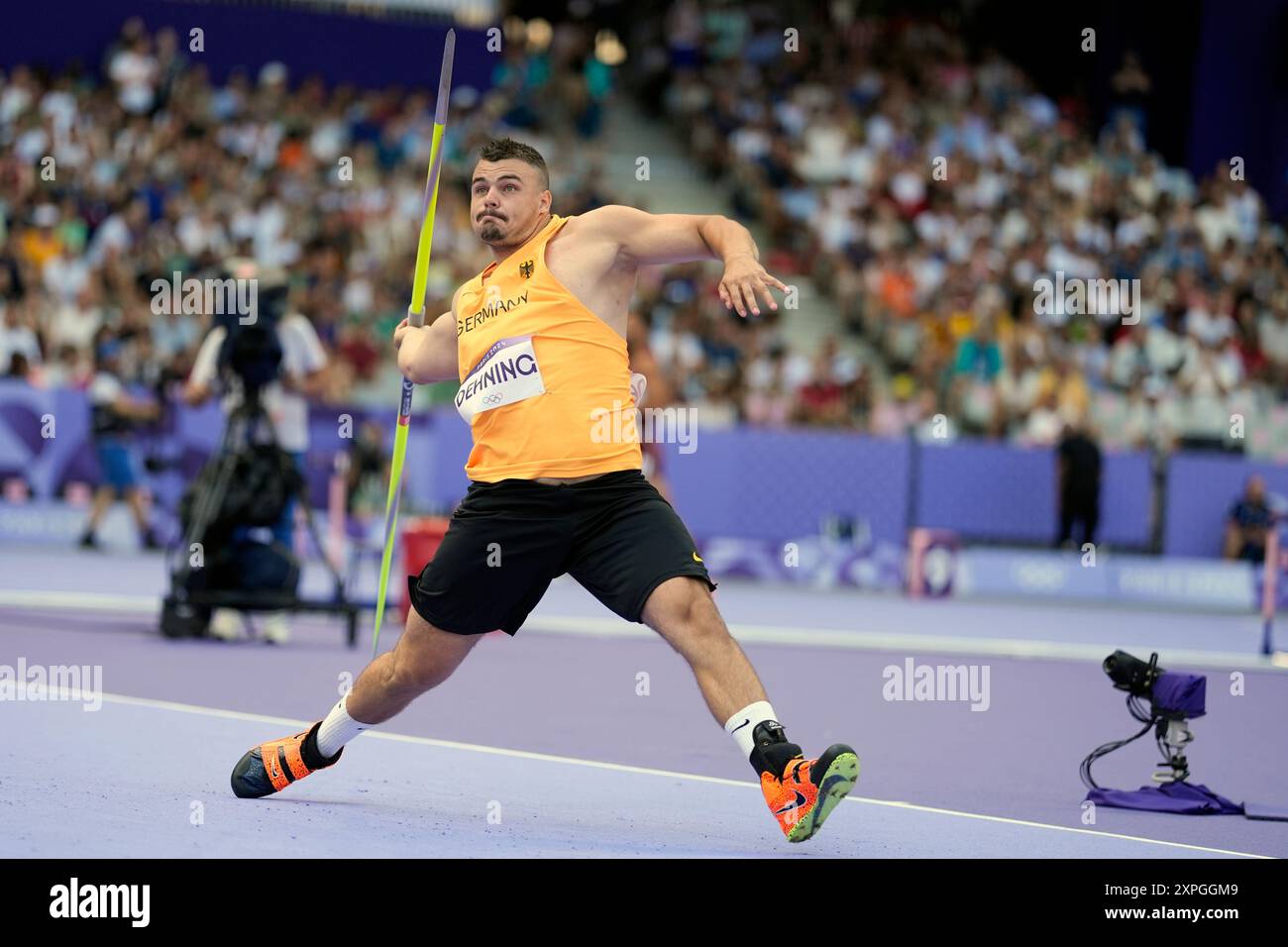Max Dehning, of Germany, competes during the men's javelin throw ...