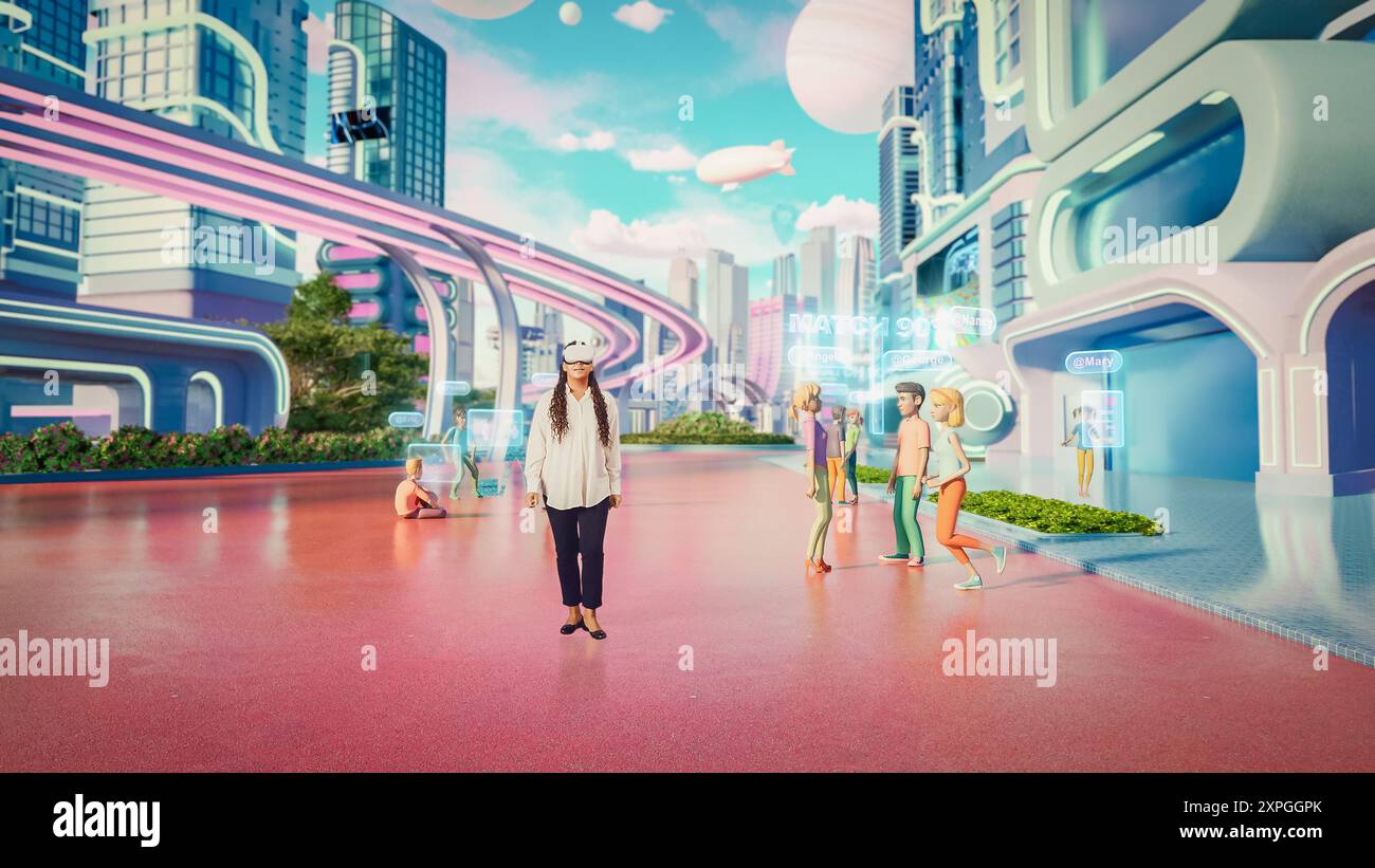 African Female Wearing a Virtual Reality Headset. She Is Walking In Digital Internet 3D Universe ...