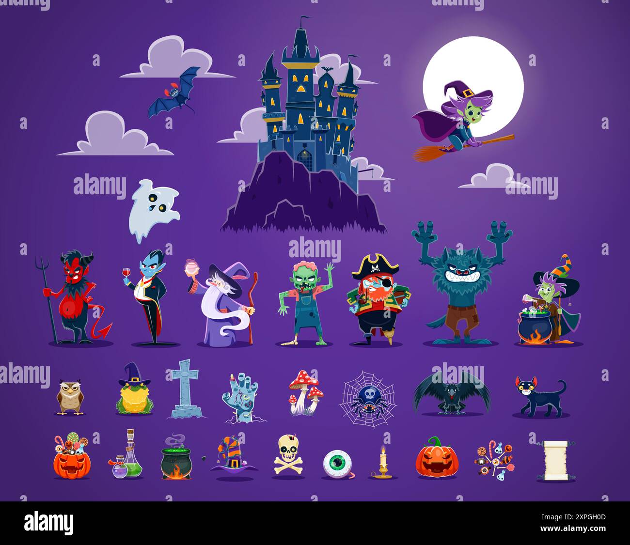 Halloween characters, cute cartoon monsters and spooky castle. Vector ...