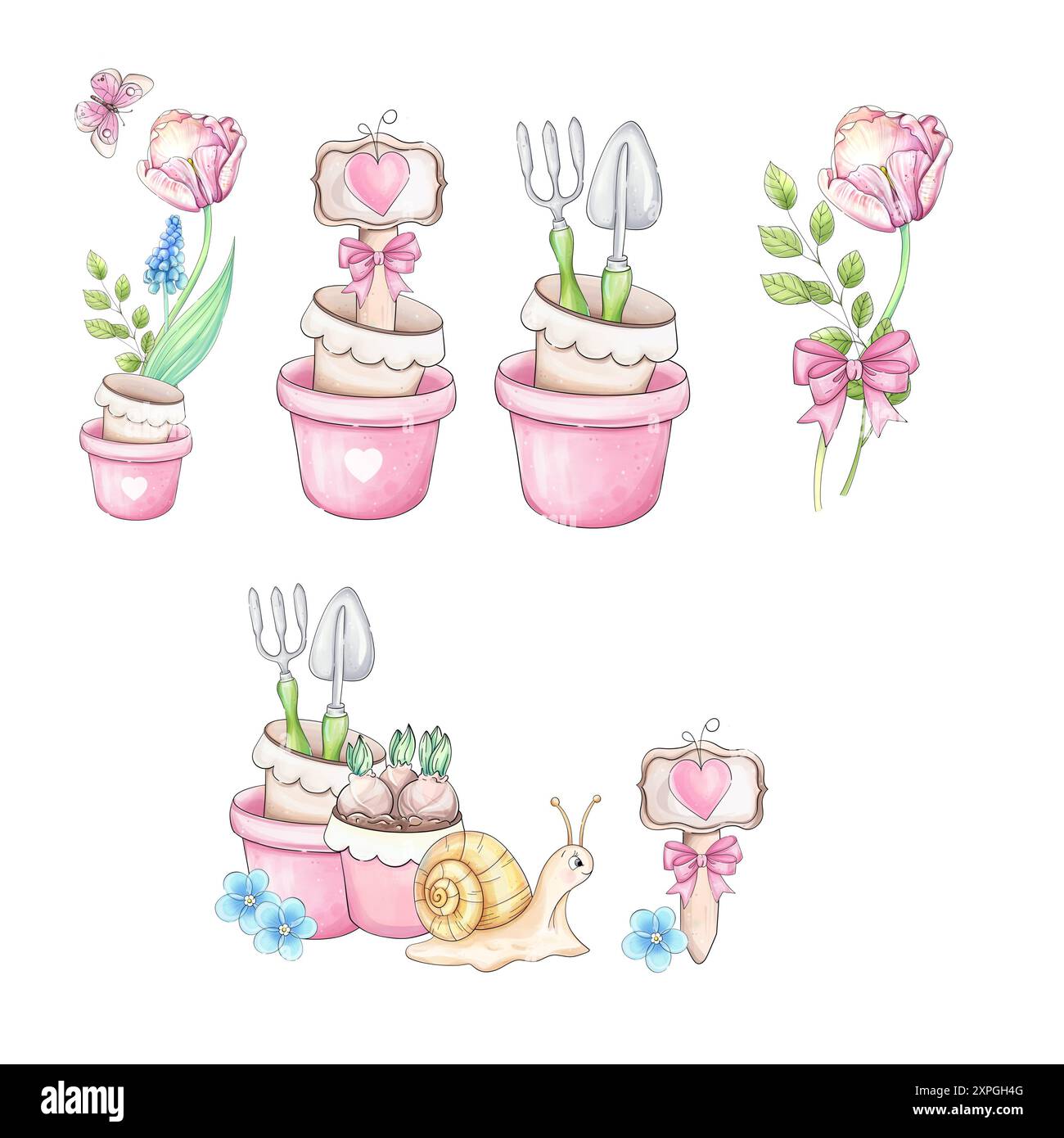 Set of watercolor hand draw garden pots with prinroses. Farmer tools ...