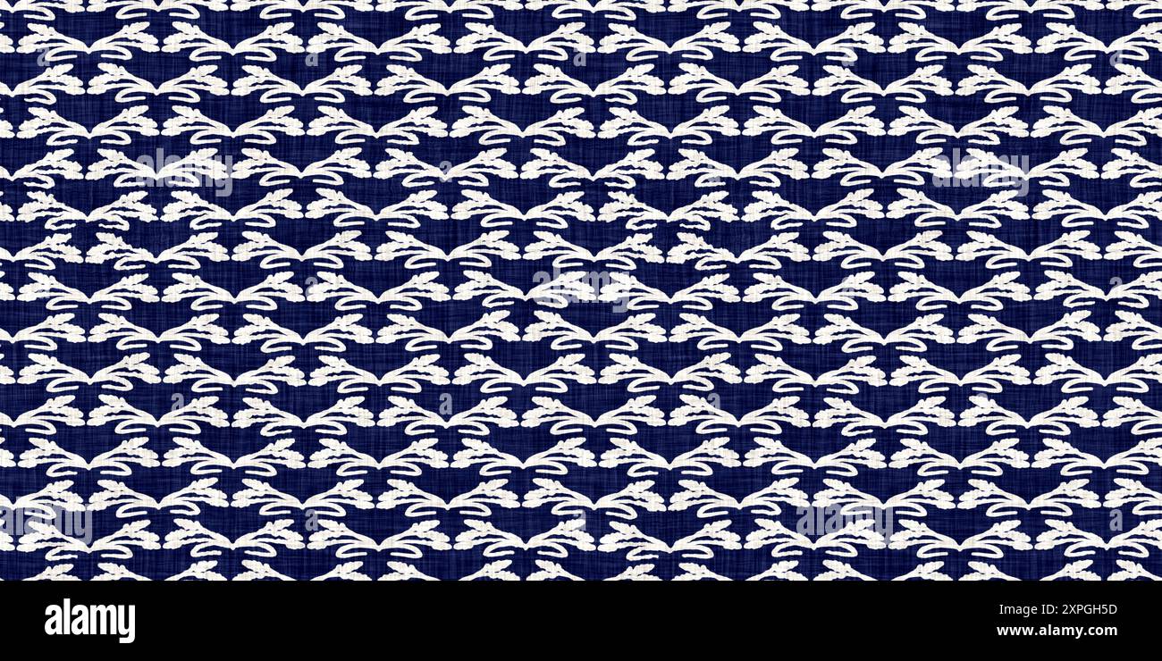 Indigo denim blue leaf motif seamless border. Japanese dye batik fabric ...