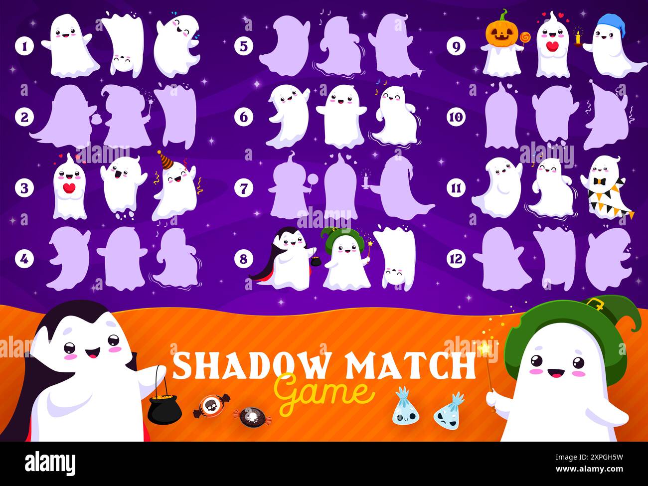 Halloween shadow match game with cute kawaii ghost characters ...