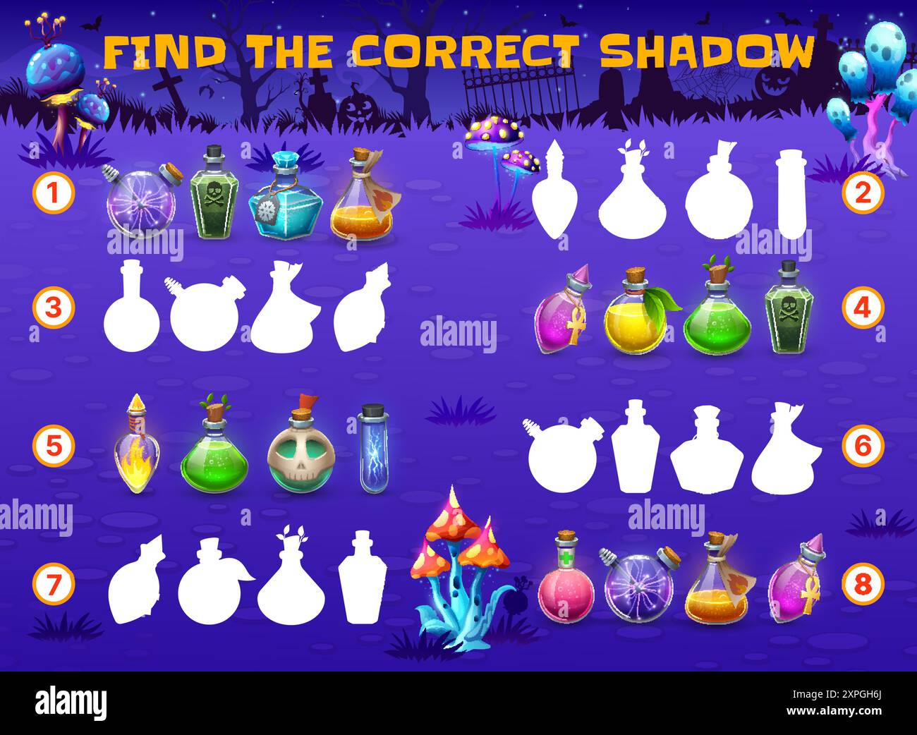 Find the correct shadow of Halloween magic potion bottles. Shadow match ...