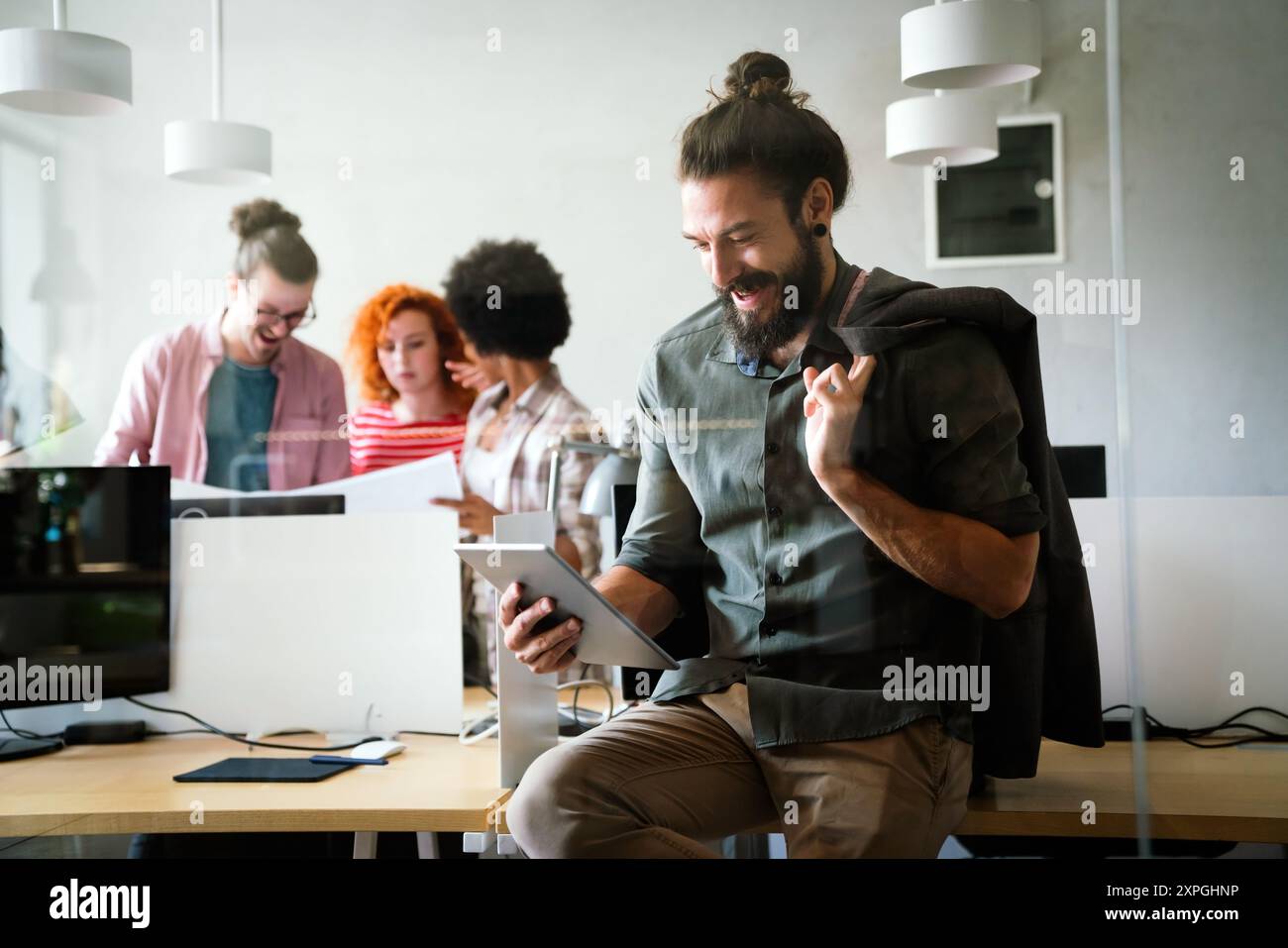 Happy software developers working on meeting, Programming advanced code artificial intelligence ...