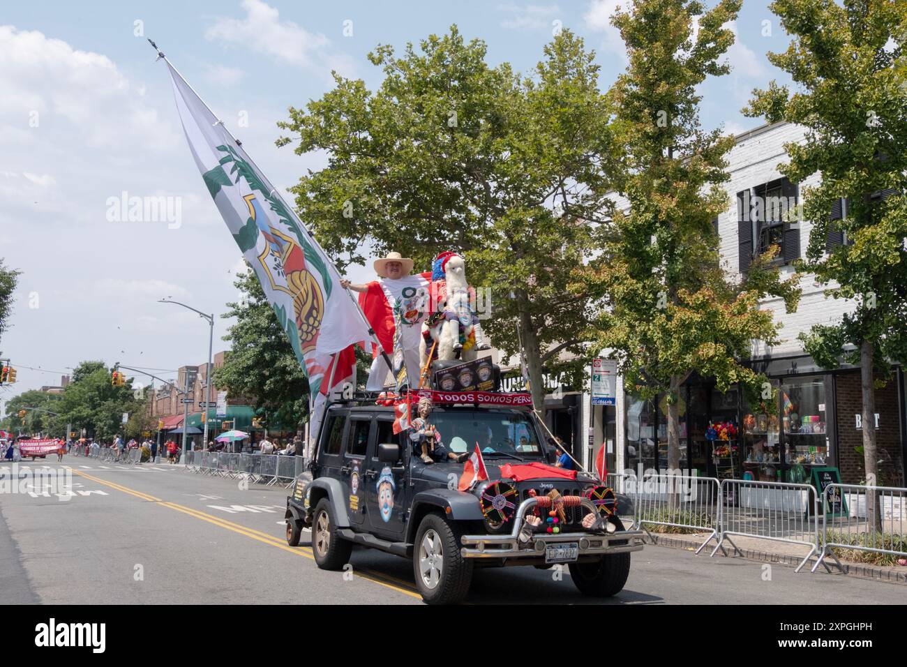 A float in the Peruvian Day Parade featuring Peruvian native Payasito ...