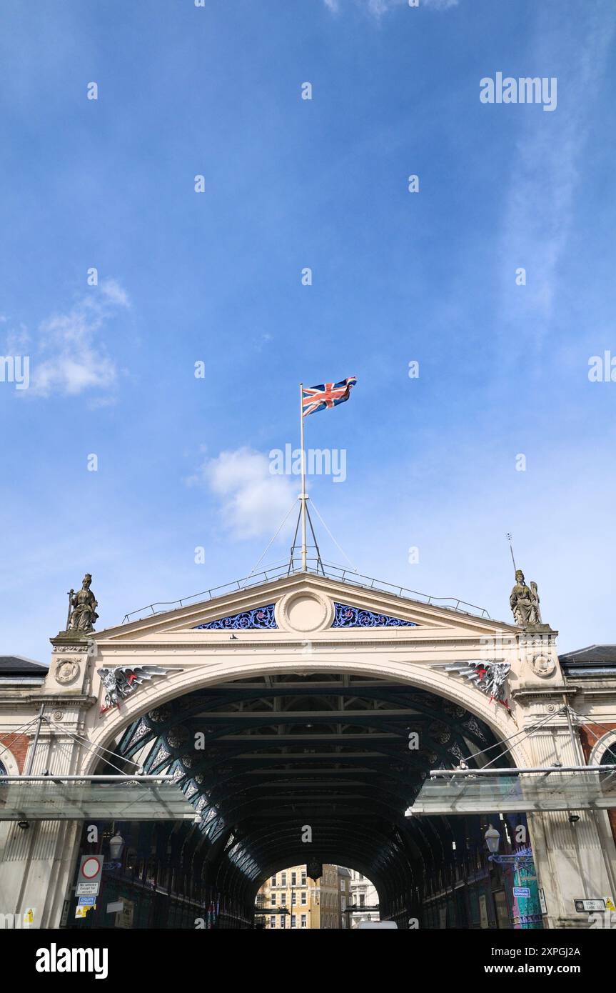Union jack flag flying above Grade-II listed Smithfield Market (London ...