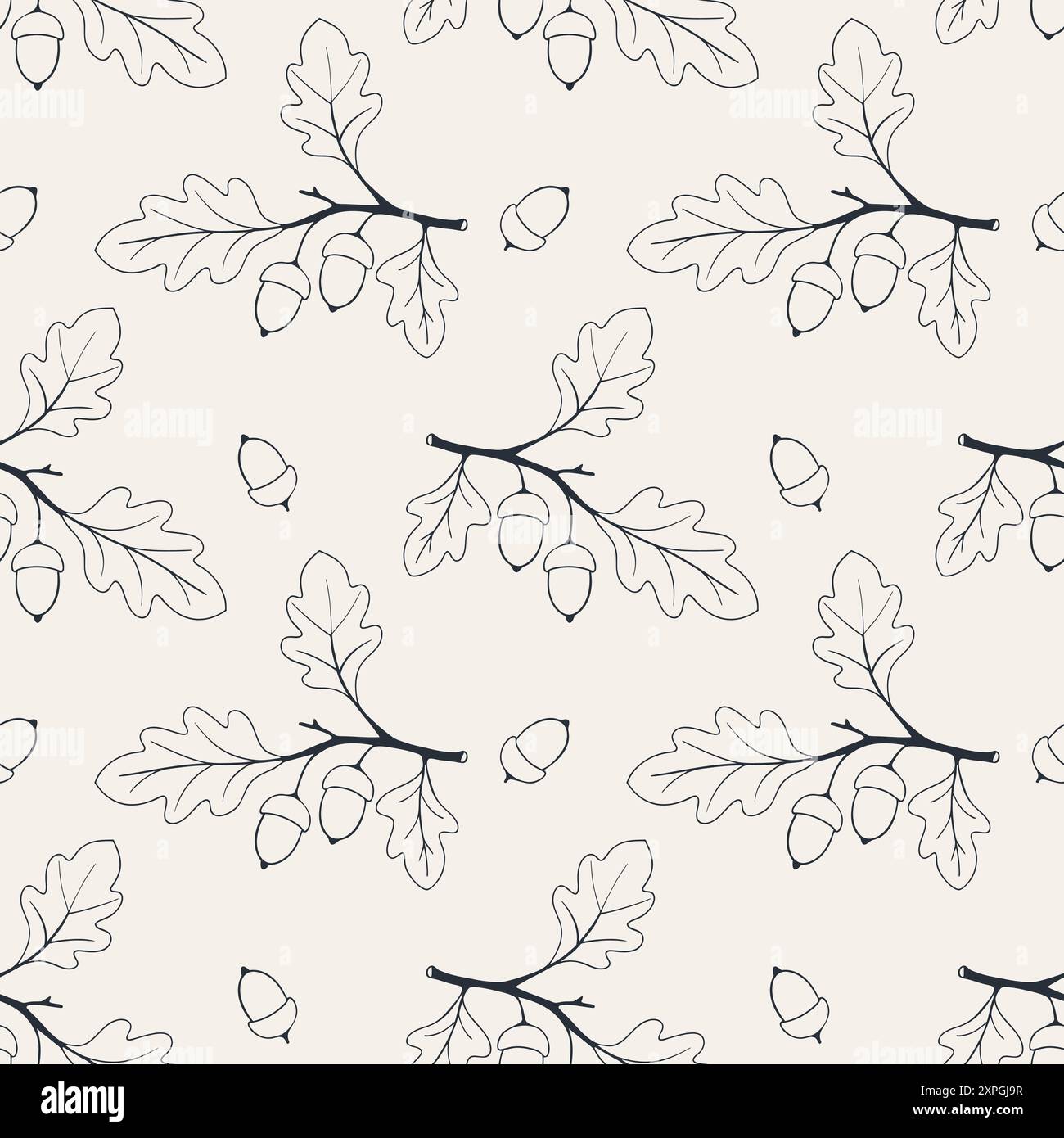 Pattern acorn oak branch, contour drawing oak on beige background ...