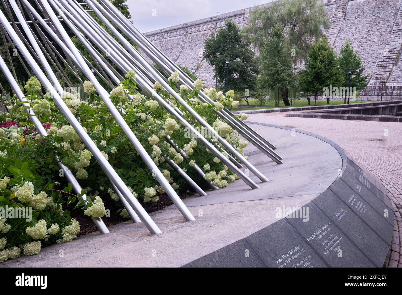 An unusual view of the base of The Rise, a statue in Kensico Dam Plaza ...