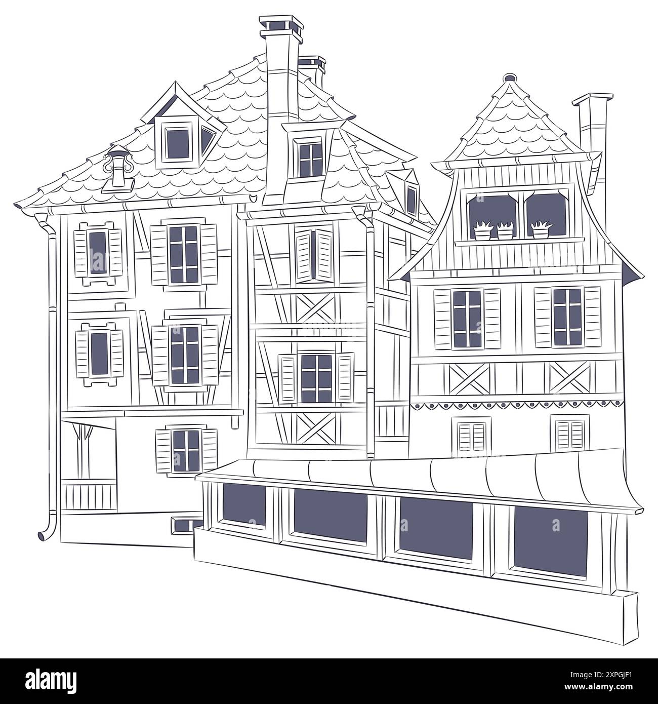 Vector drawing of old half-timbered houses in the city Colmar Stock ...