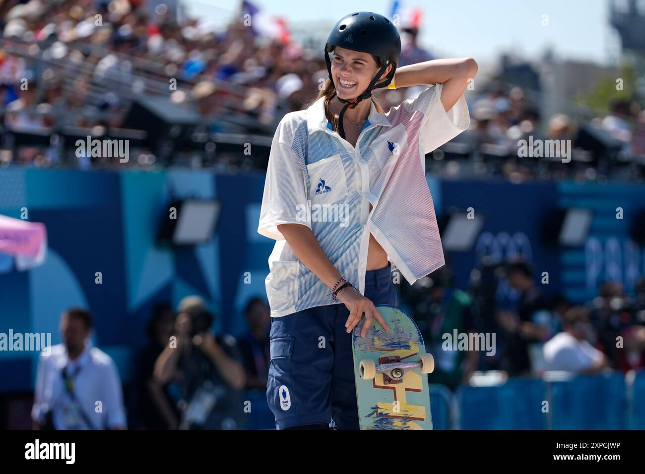 Emilie Alexandre of France stands with her board during the women's ...
