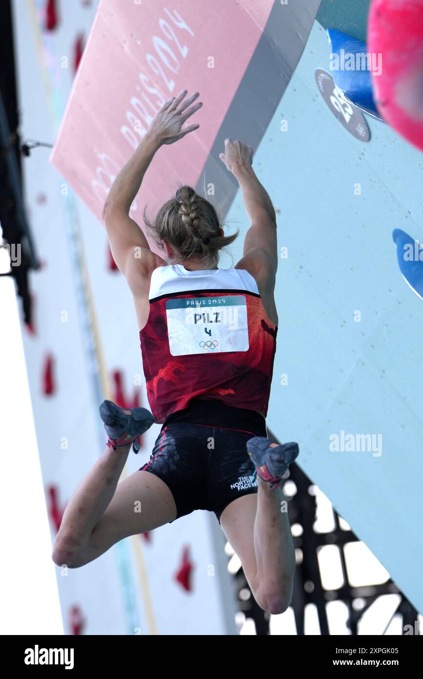 Jessica Pilz of Austria competes in the women's boulder and lead, semi ...