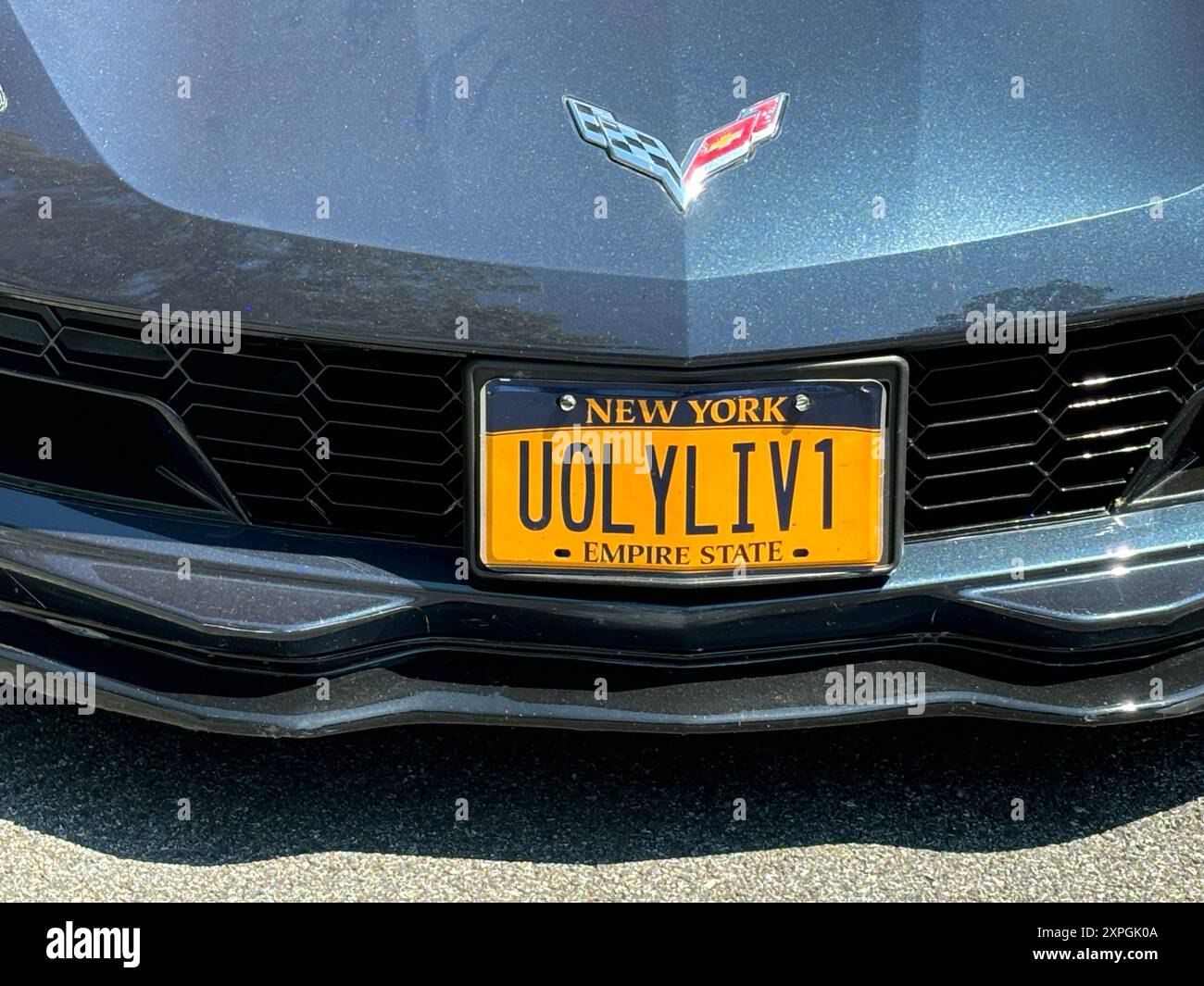 A Chevrolet Corvette sports car with a fun license plate saying that ...
