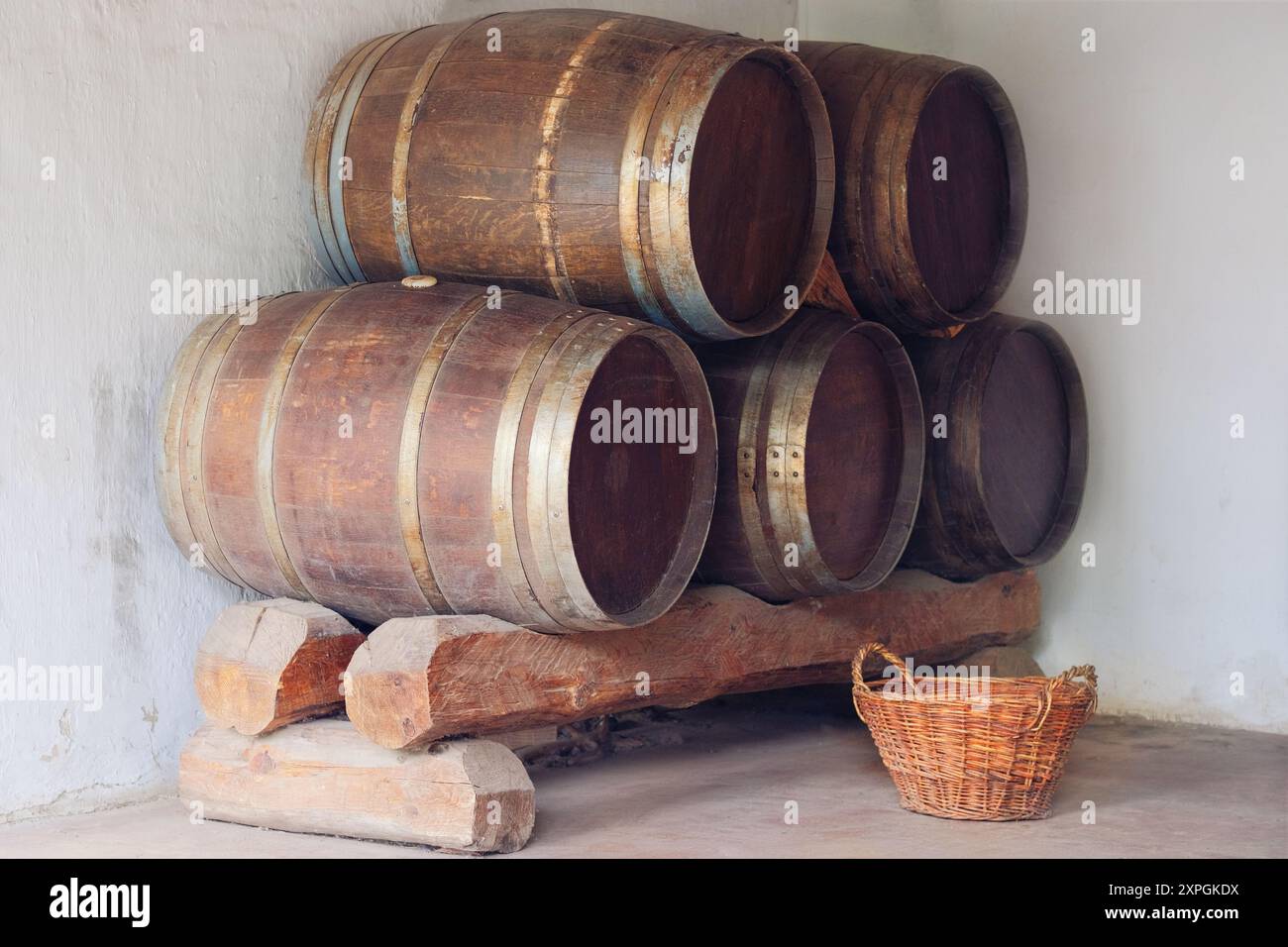 Rusty old barrel in the backyard of a rural house. Vintage brown ...