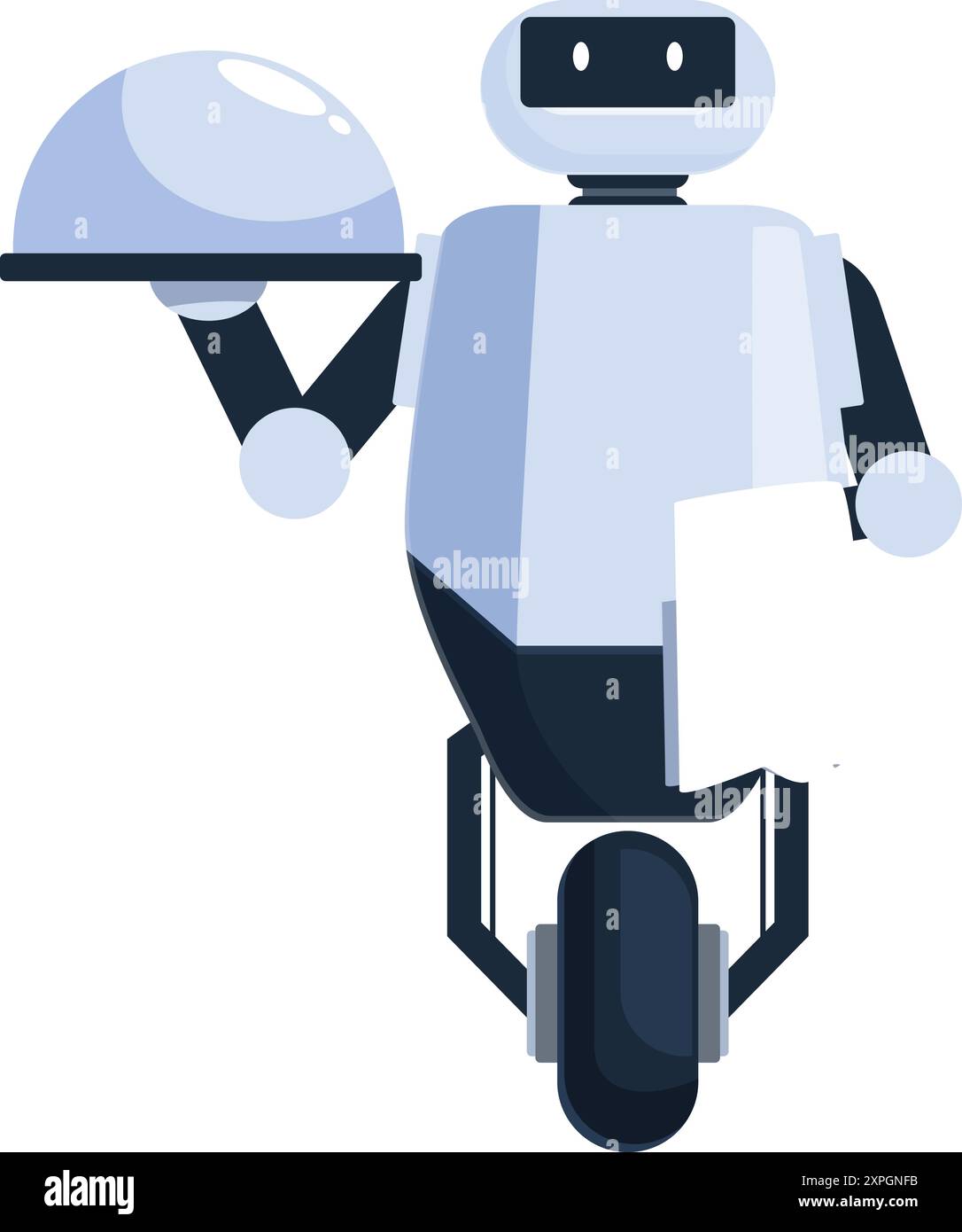 Modern robot waiter holding a silver platter serving food in a ...