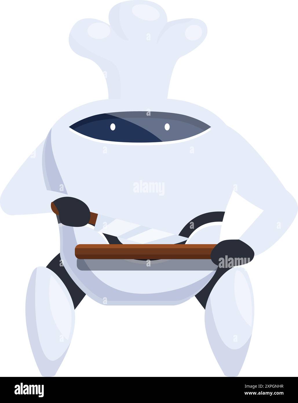 White robot chef is cutting vegetables with a knife on a cutting board ...