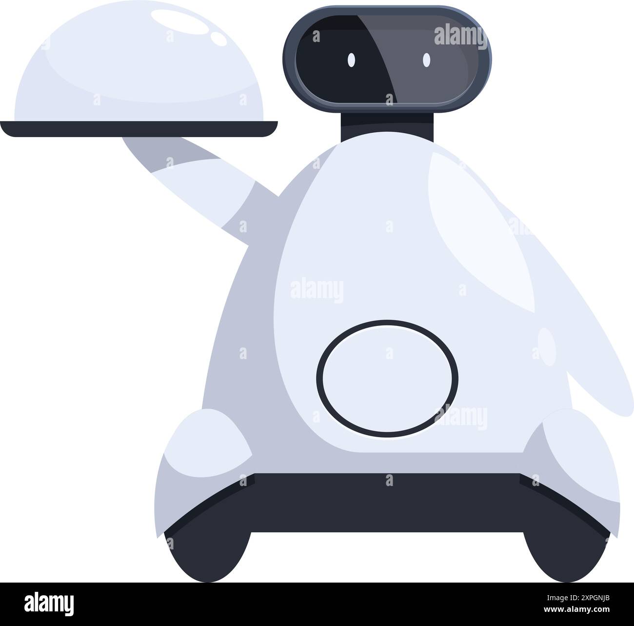 Modern robot waiter is holding a silver cloche platter, ready to serve ...