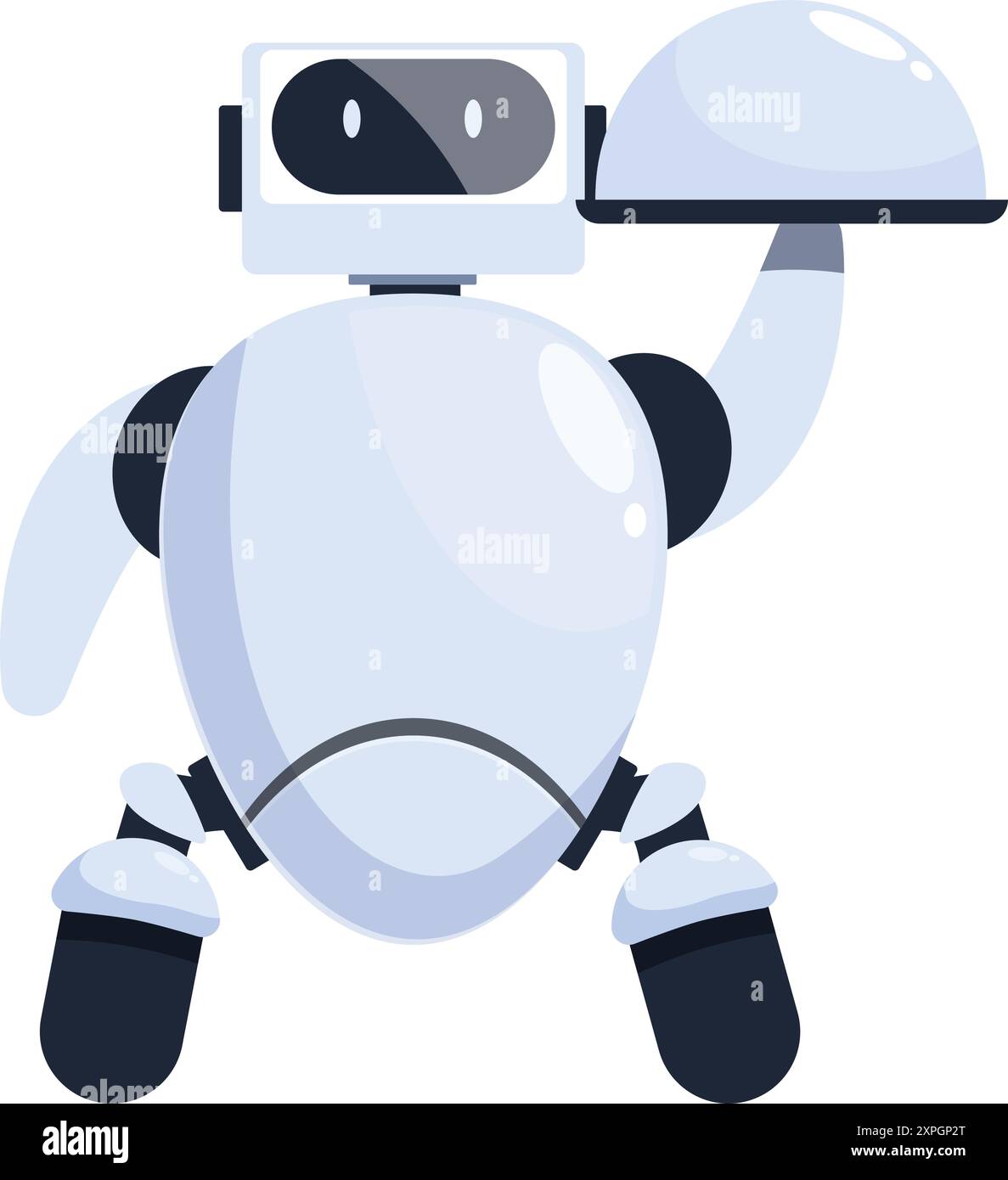 Cartoon robot waiter is holding a silver cloche, ready to serve food in ...