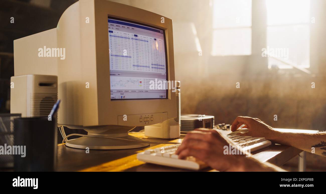 Caucasian Male Stock Trader Using Old Desktop Computer With Financial ...