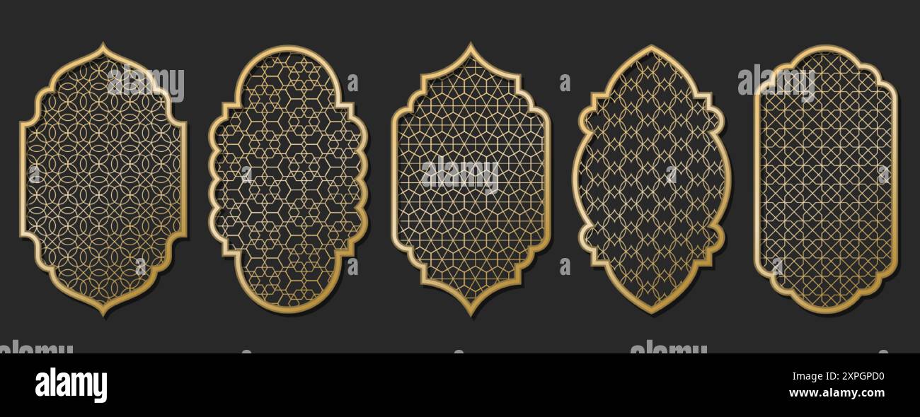 Gold traditional islamic window shape. Arabic golden frames, mosque ...