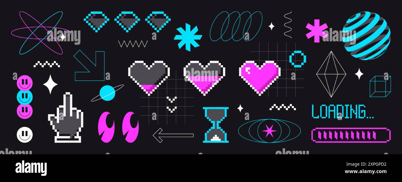 Set of pixel art arrows, smiles, eyes, love hearts, abstract geometric ...