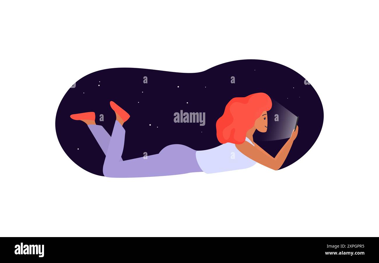 A woman lying on her stomach at night using a tablet, with a starry sky ...