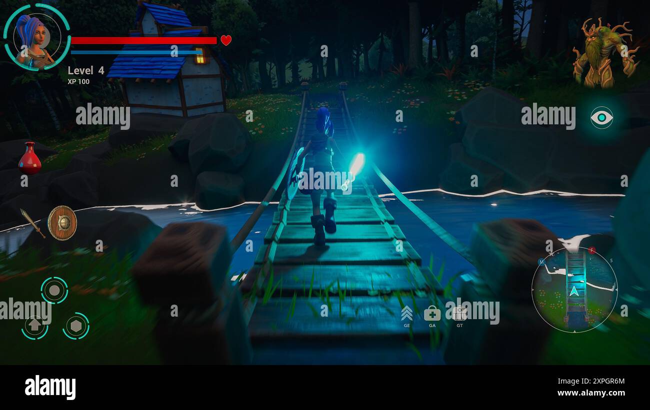 Night Video Game Mock-up: Playable Character in Videogame. 3D Fantasy ...