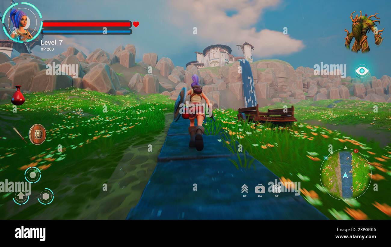 Video Game Mock-up Screen: Gameplay of 3D Open World Sandbox Fantasy Video Game. Footage of RPG ...