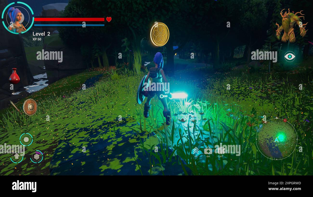 Night Video Game Mock-up: Playable Character in Videogame World. 3D ...