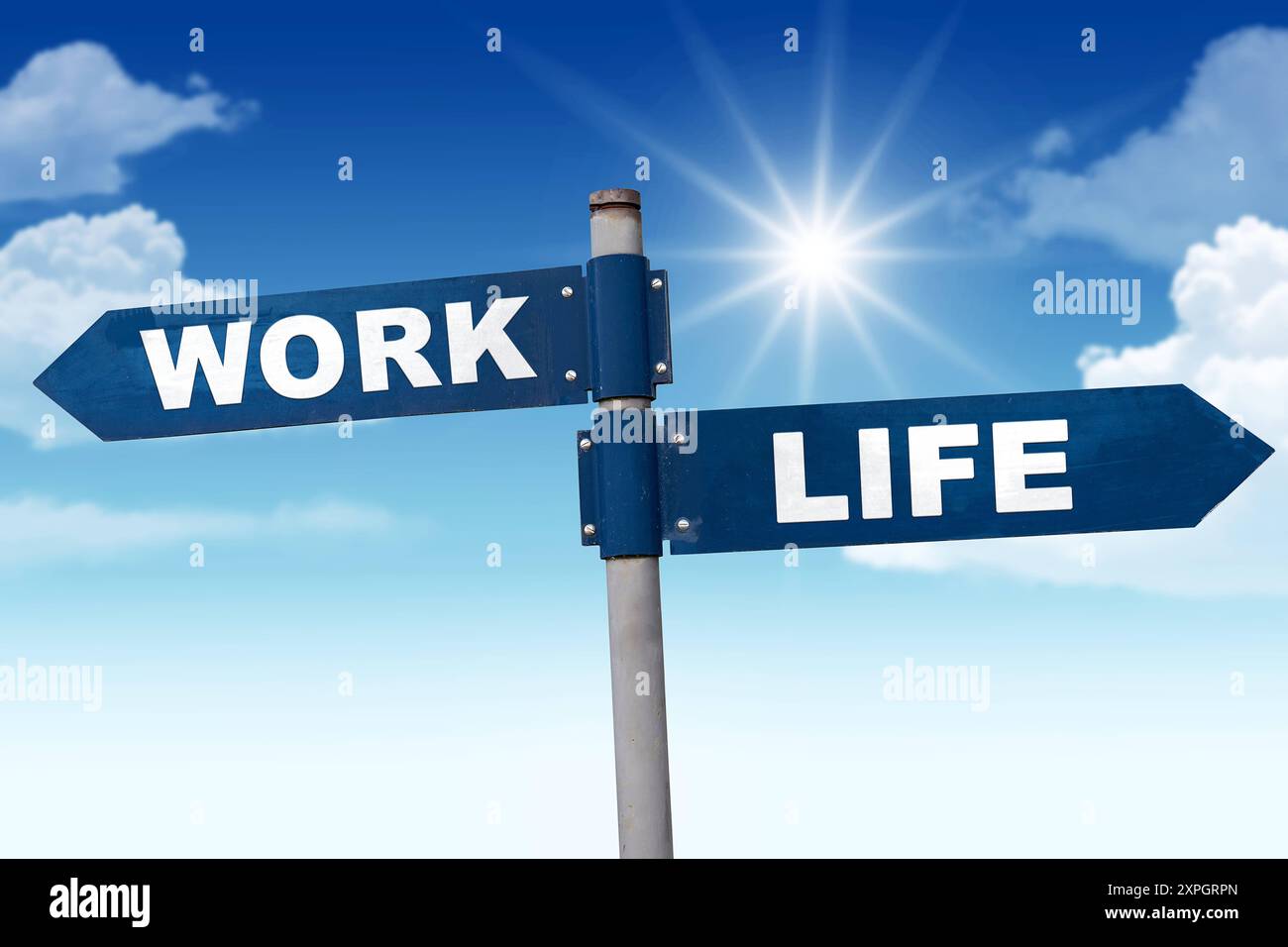 5 August 2024: A signpost with the directional signs WORK and LIFE ...